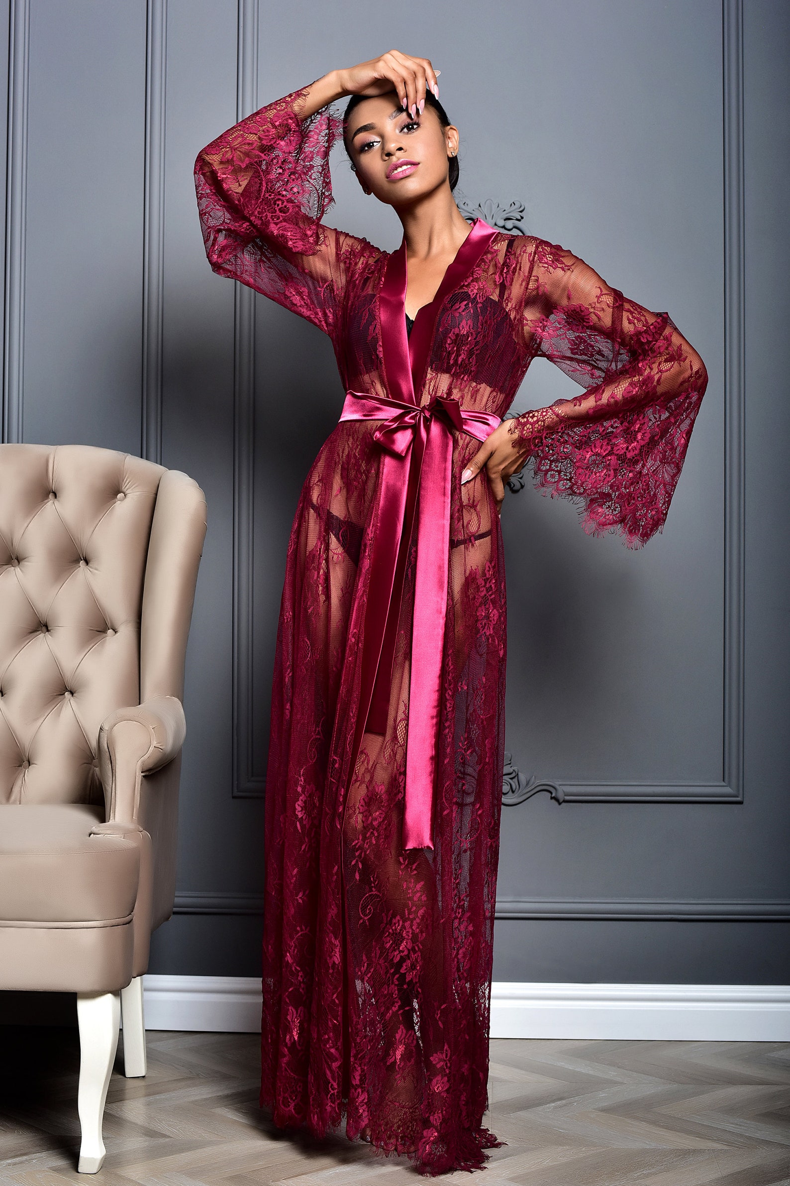Long Bridal Sheer Robe Burgundy Maxi Kimono Robe Lace See Through Robe ...