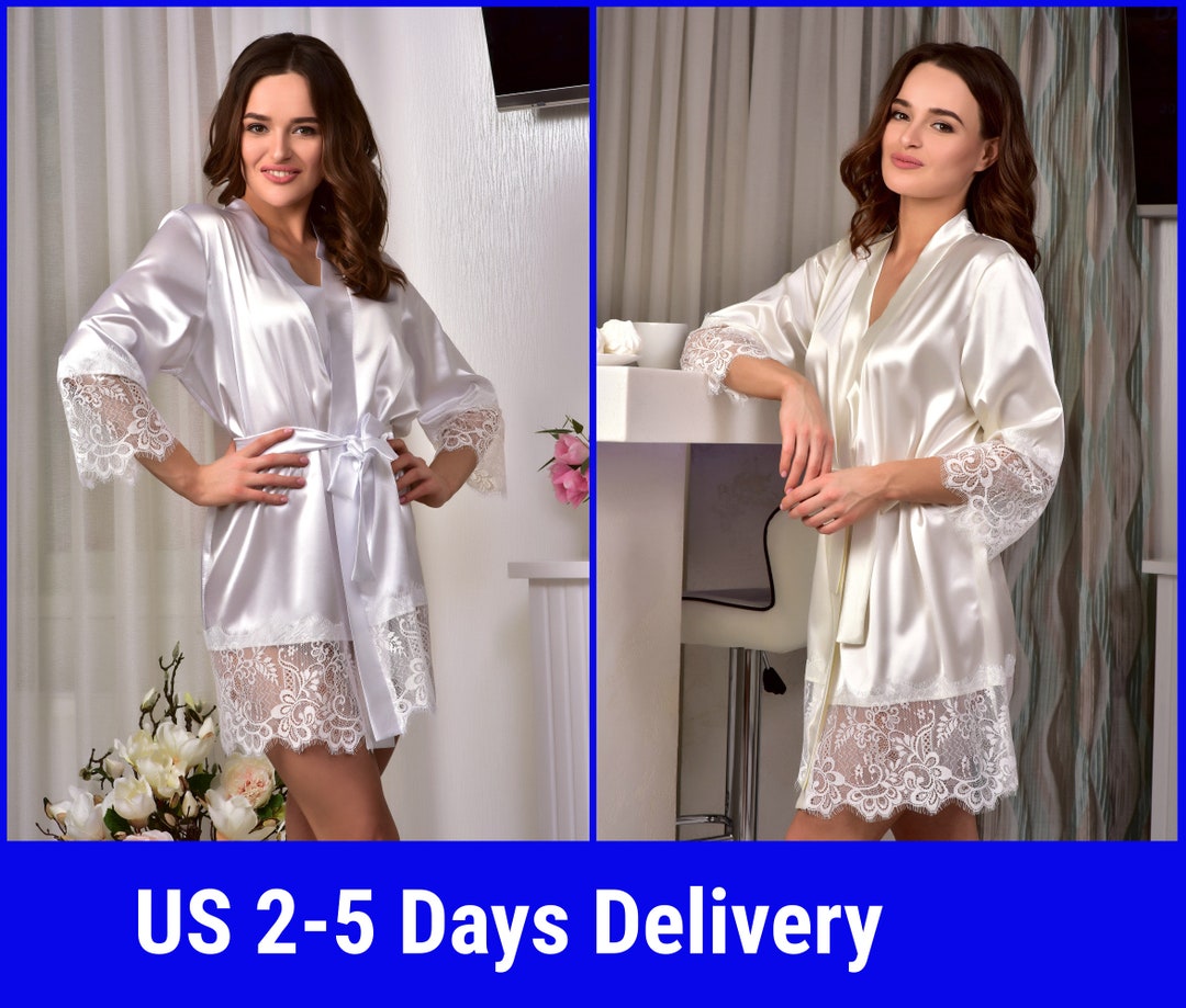 Ivory Bridal Kimono Robe Wedding Satin Lace Robe Bride - Etsy