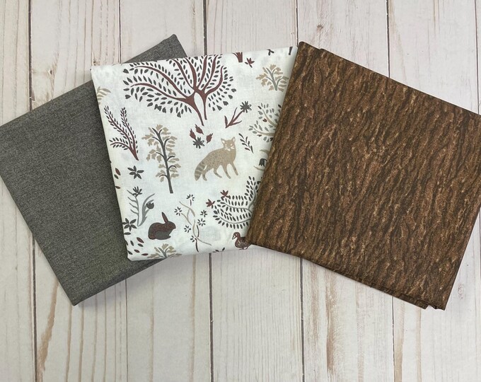 Fabric FQ Fat Quarters Set 3 Woodland Wildlife Animals Brown Green ...