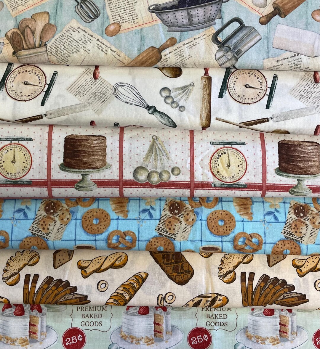 Fabric Baking Kitchen Bread Baked Good Assorted Prints 100% Cotton Sold ...