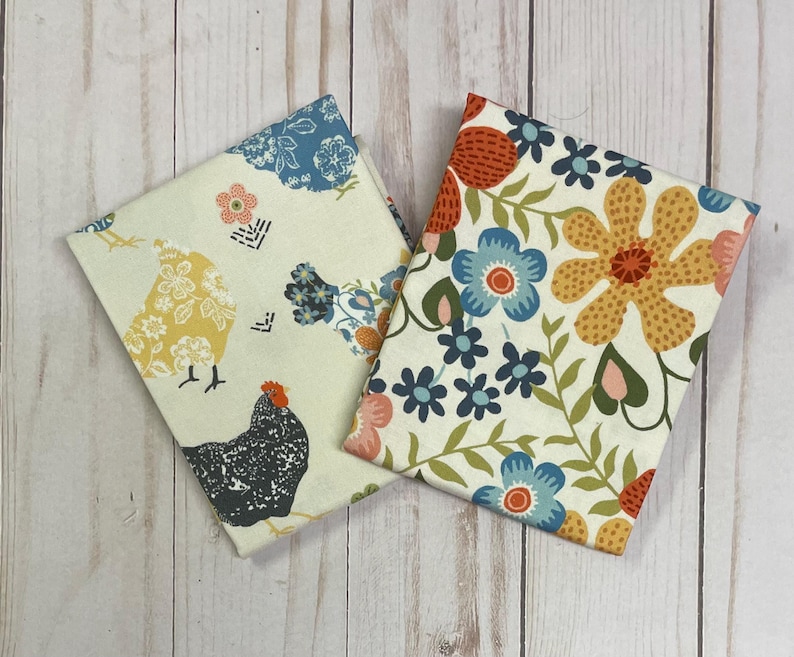 Fabric FQ Fat Quarter Set 2 Chickens Hens Floral Prints Multi Color 100 ...