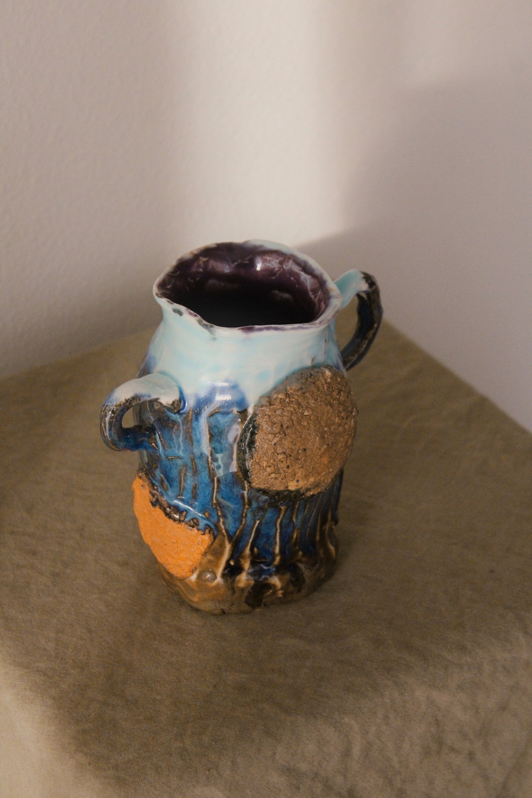 Handmade Ceramic Wonky Handle Vase, Vessel; Purple, Blue, Orange, Brown ...