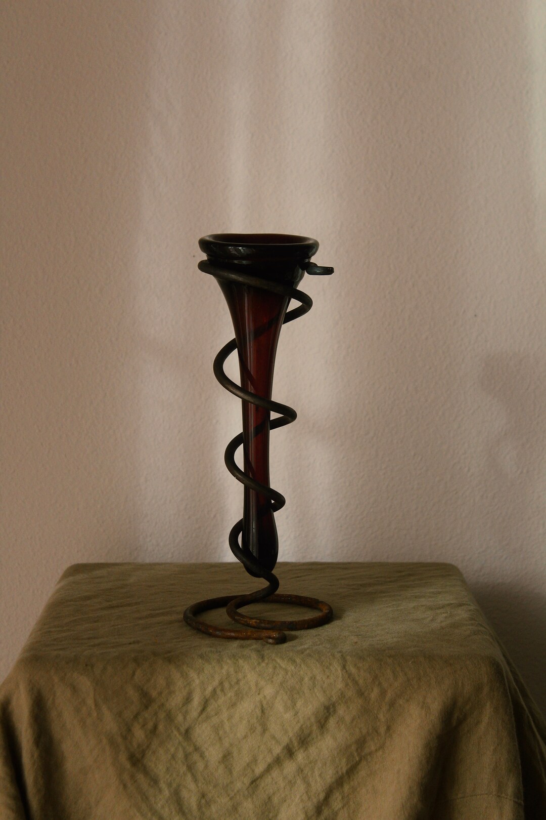 Vintage Wrought Iron Coil Stand With Tapered Hand Blown Glass Vase - Etsy