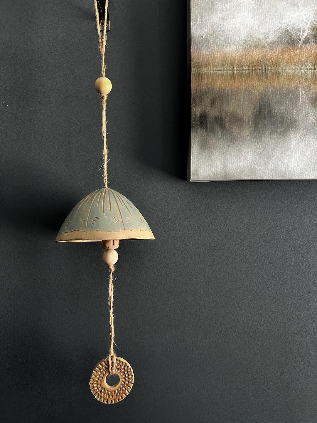 Handmade Ceramic Bell: Sgraffito Stoneware Clay Bell With Jute Cord - Etsy
