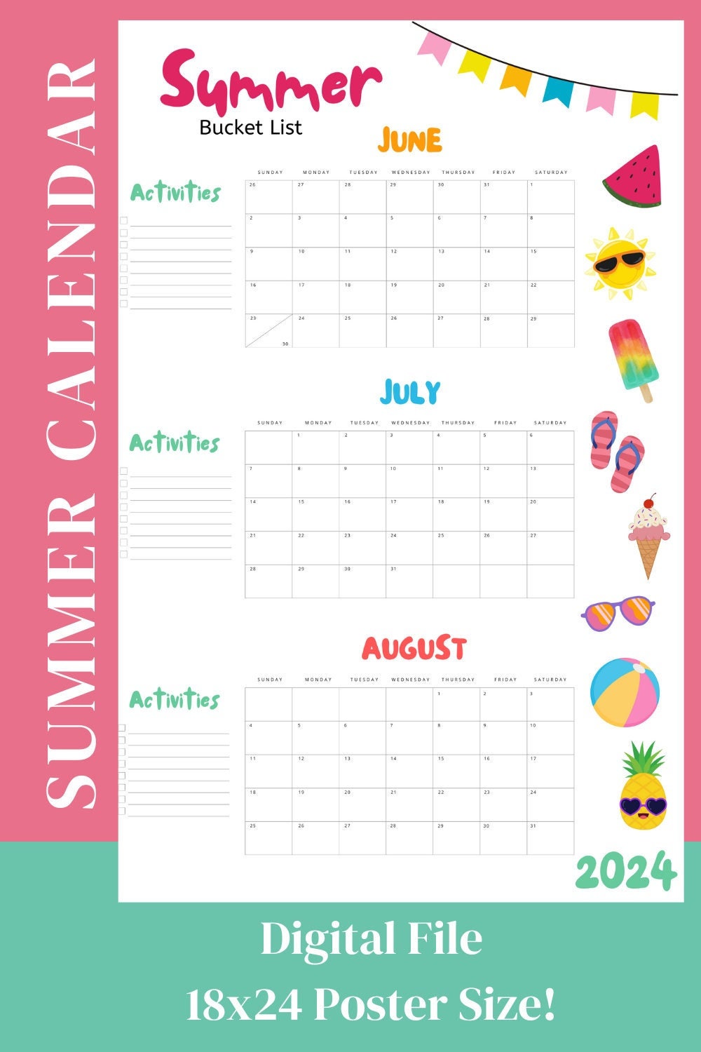 PRINTABLE 2024 Summer Bucket List and Calendar Large Print Calendar ...