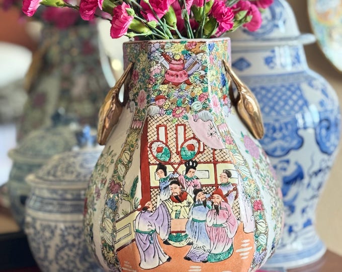 Qianlong Hexagonal Rose Medallion 12” Vase With Goat Head Handles - Etsy