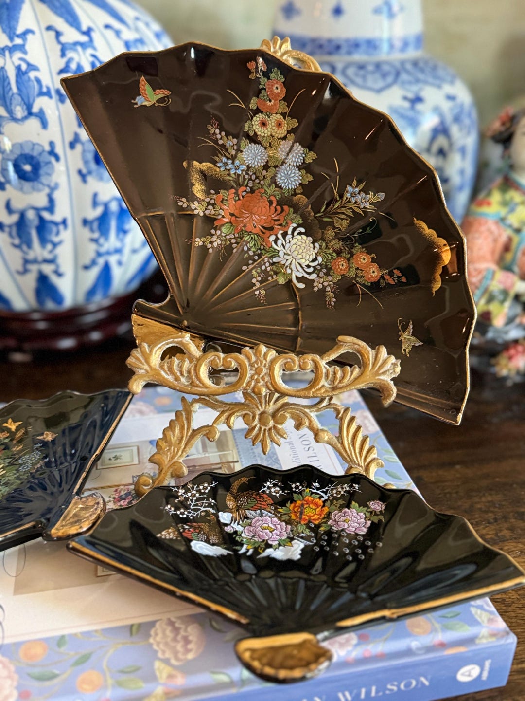 Set of 3 Famille Noir Japanese Porcelain Fans - Etsy