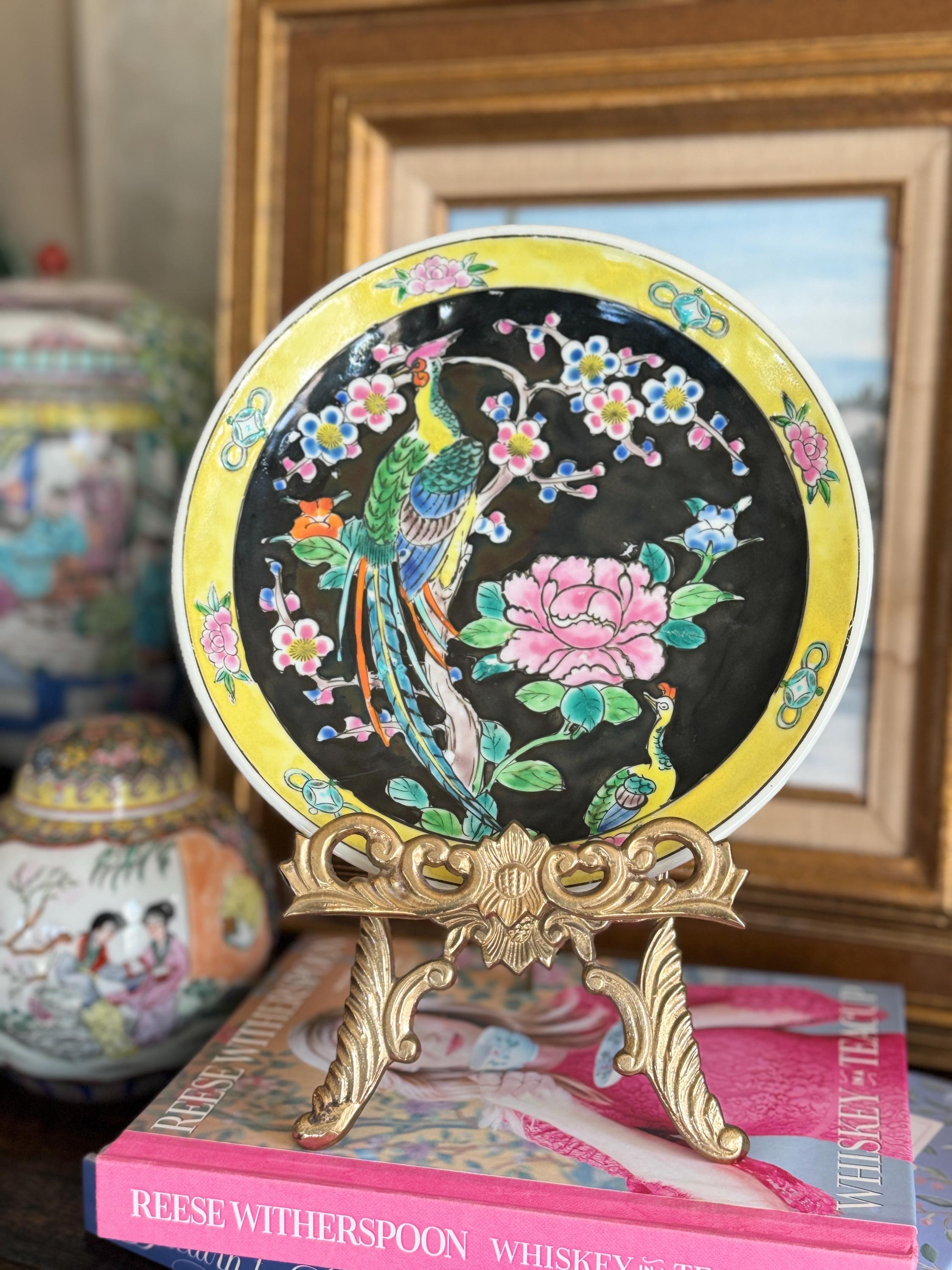 Japanese Phoenix Plate Famille Noir With Yellow Border - Etsy
