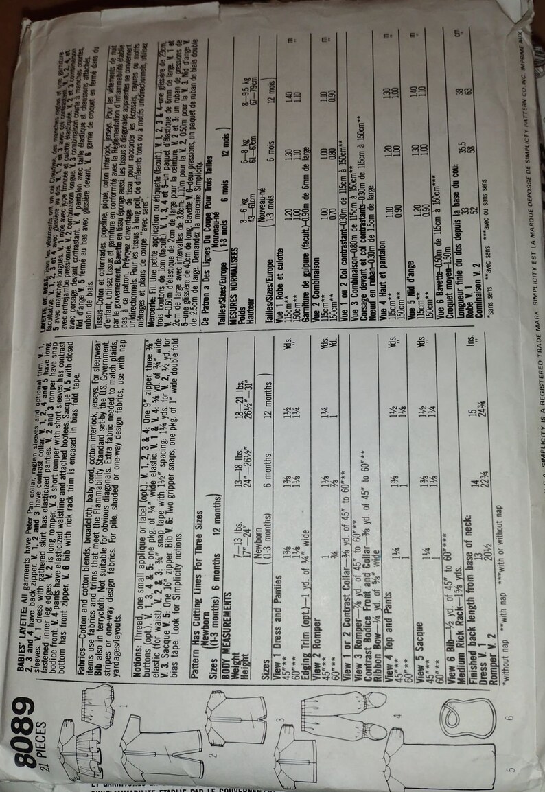 Vintage Simplicity Baby Sewing Pattern 8089 Size A, NB-12M, Partial Cut ...