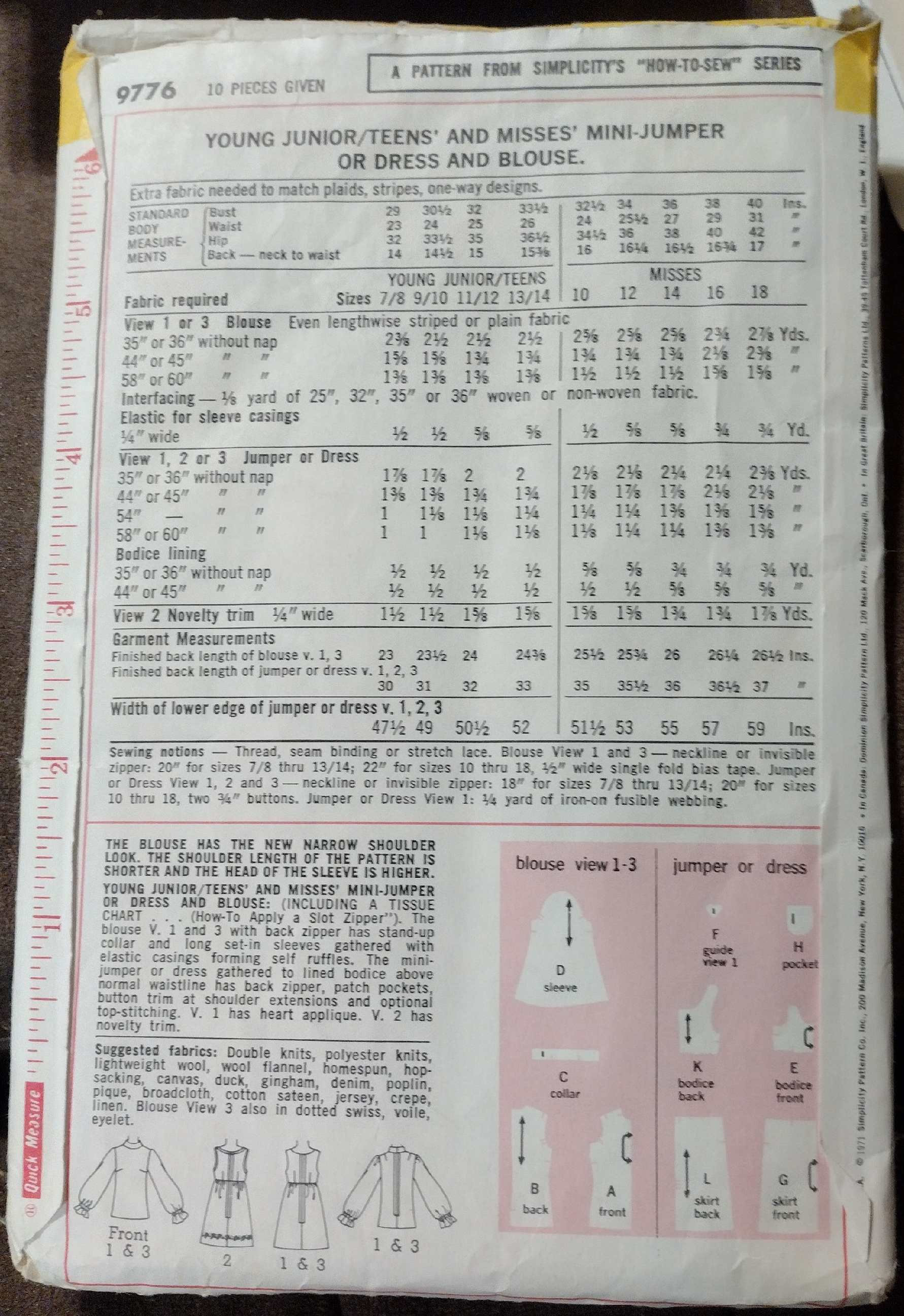 Vintage 1971 Simplicity Sewing Pattern 9776 Size 7/8 Yng Jr/teen Mini ...