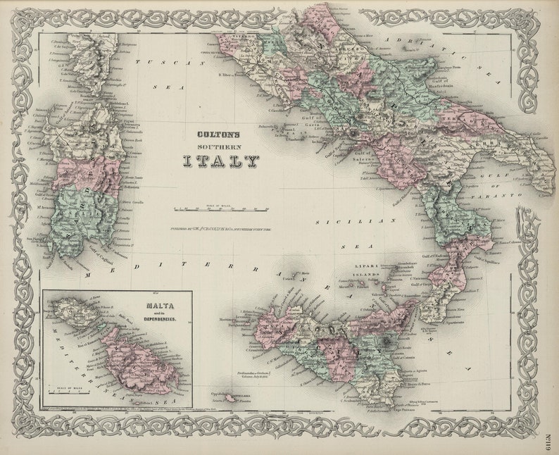 Original 1874 Map of Southern Italy - Etsy