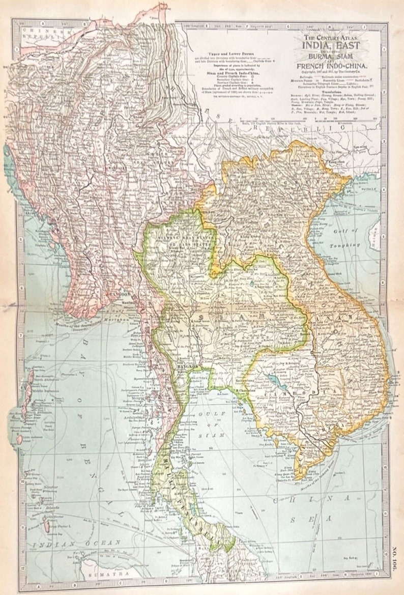 No. 6225 Original Map of India east, Burma, Siam thailand and French ...