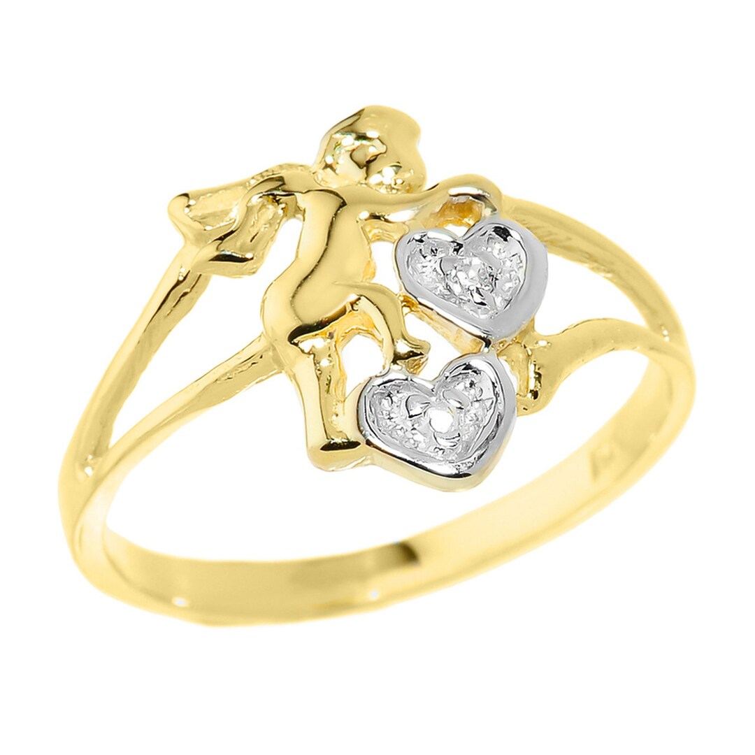 Yellow Gold Angel With Diamond and Hearts Ladies Ring - Etsy