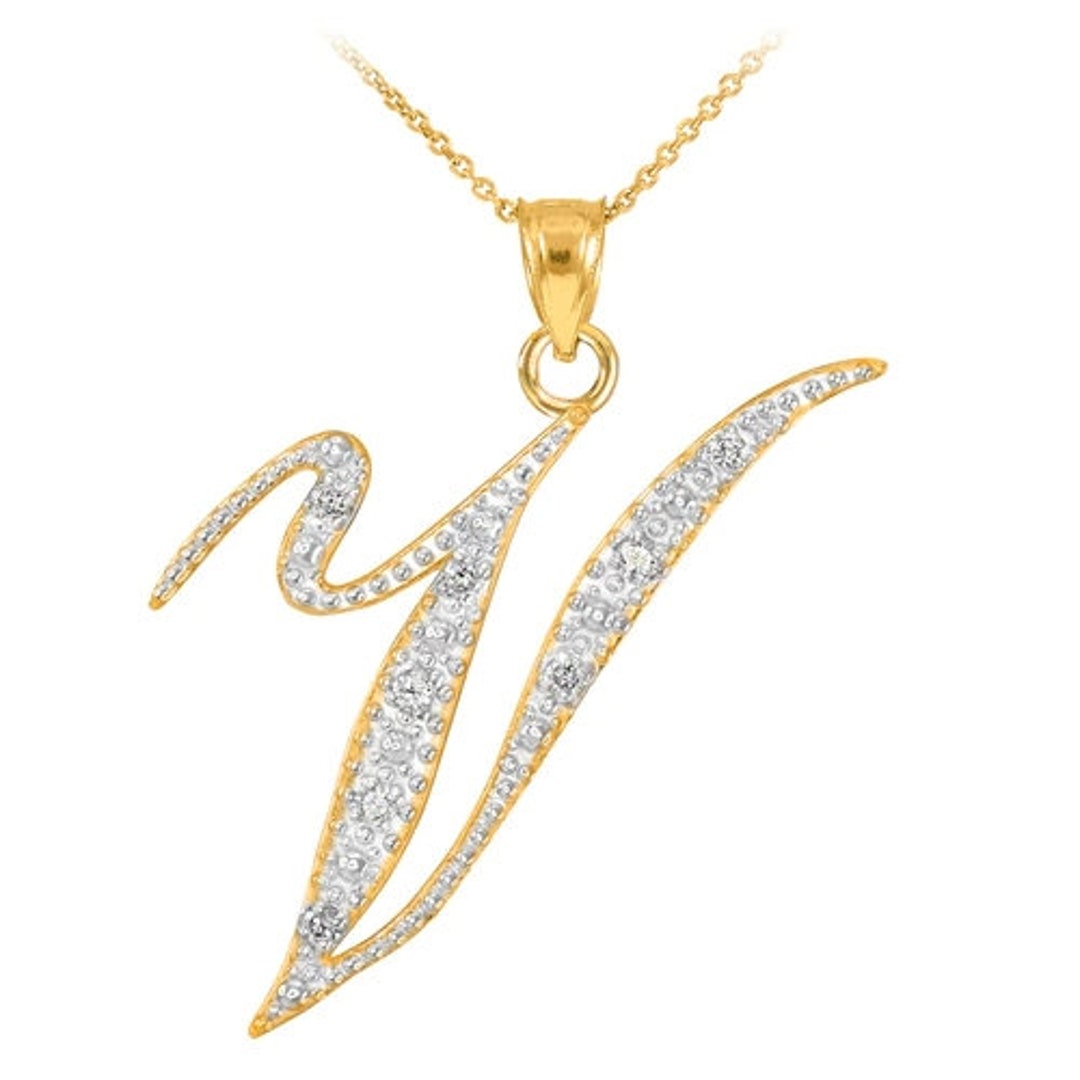 14k Gold Letter Script v Diamond Initial Pendant - Etsy