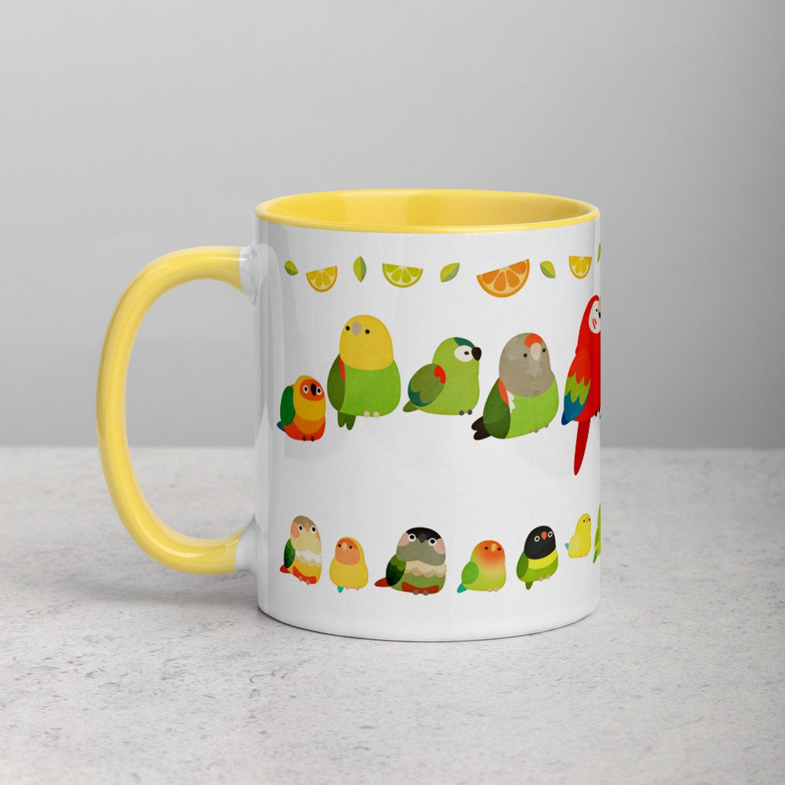 Fruity Birds Mug yellow Handle & Inside - Etsy