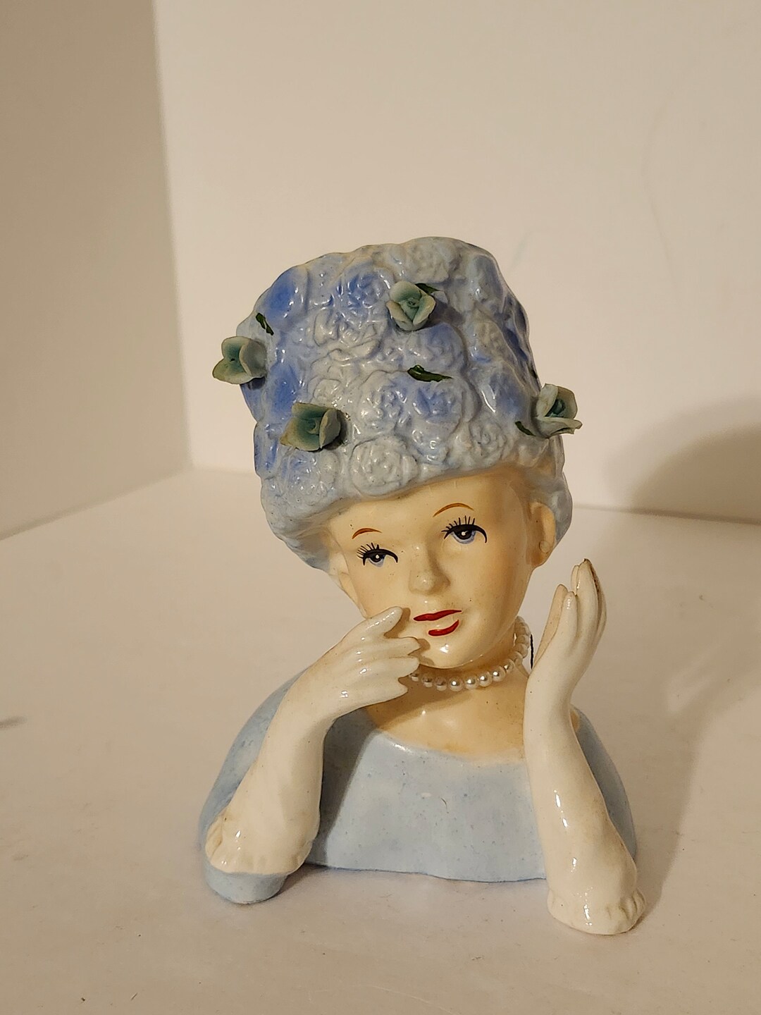 Vintage Relpo Head Vase Lady Arms, Hedda Hopper Flower Hat Bonnet Pearl ...