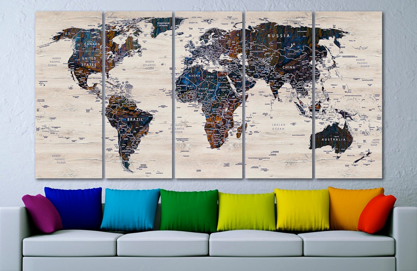 World Map Canvas Wood Map Decor Large World Map Travel Art | Etsy