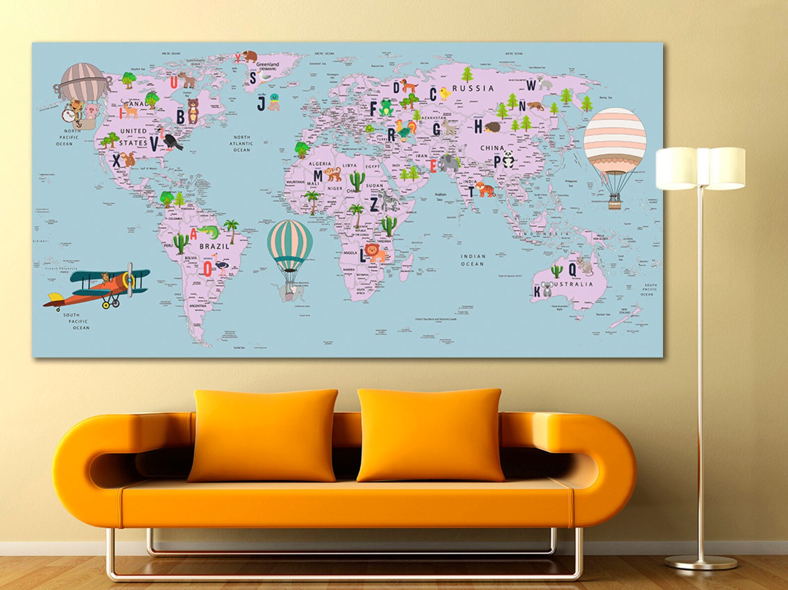 Alphabet World Map Canvas Kids World Map Deco Large World Map - Etsy
