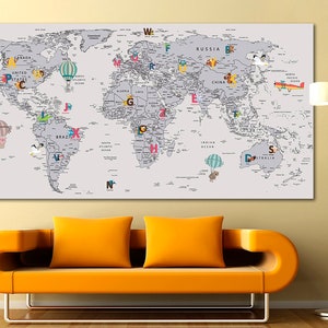 Alphabet World Map Canvas Kids World Map Deco Large World Map Nursery ...