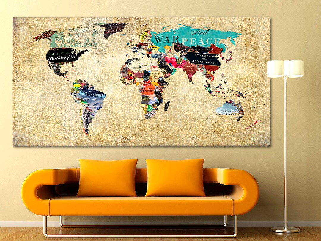 Literary World Map Canvas Famous World Authors Gift Book Lover Extra ...