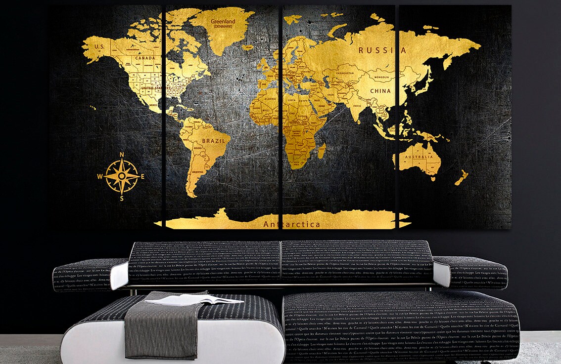 Gold Map Canvas Gold World Map Business Gift Decor for | Etsy
