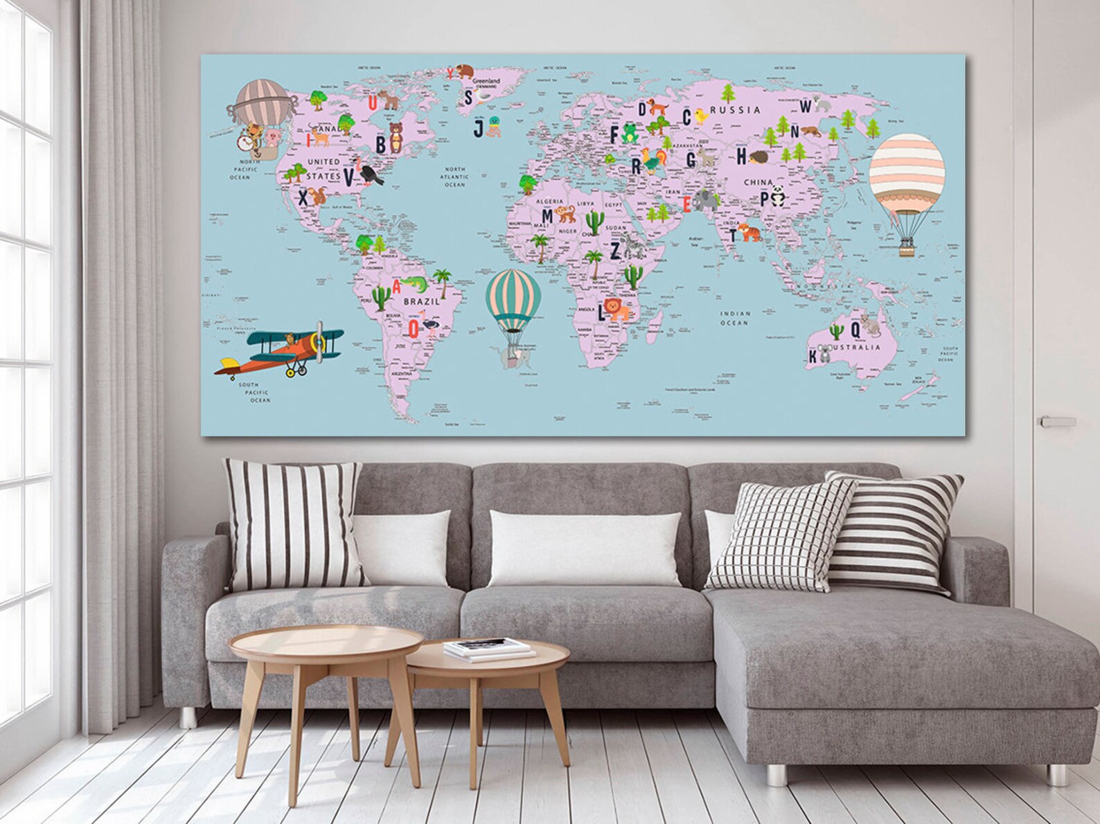 Alphabet World Map Canvas Kids World Map Deco Large World Map - Etsy