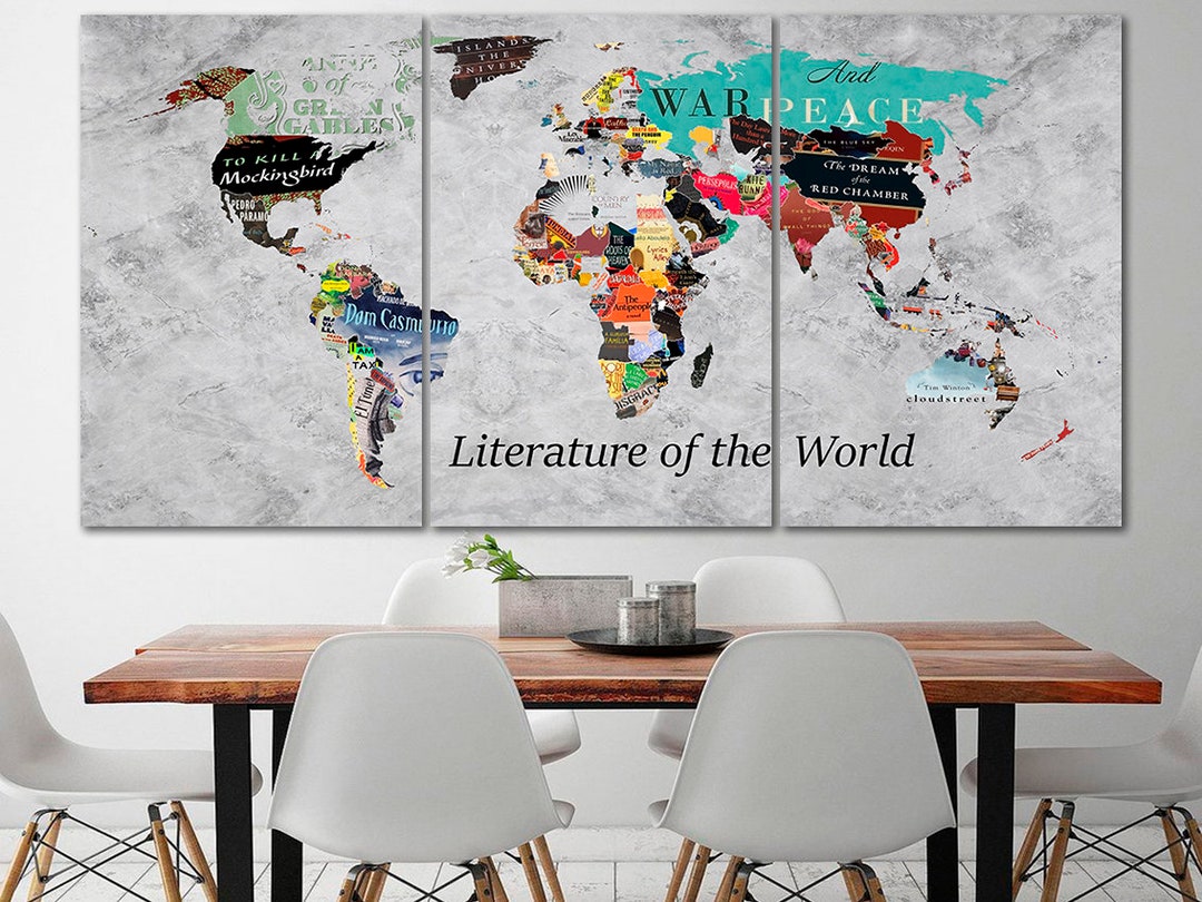 Literary World Map Canvas Travel Art Famous World Authors Large World ...