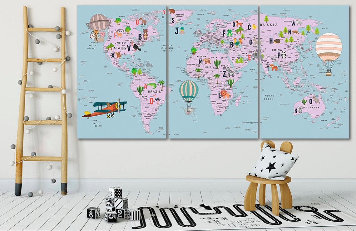 Alphabet World Map Canvas Kids World Map Deco Large World Map - Etsy