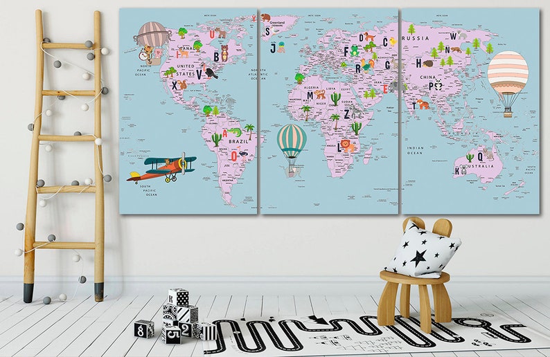 Alphabet World Map Canvas Kids World Map Deco Large World Map - Etsy