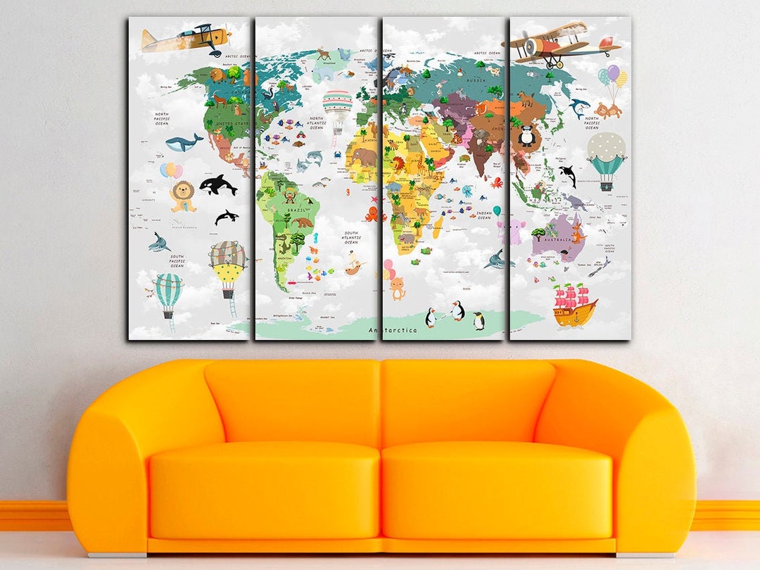 Kids World Map Canvas Print: Playroom Wall Art - Etsy