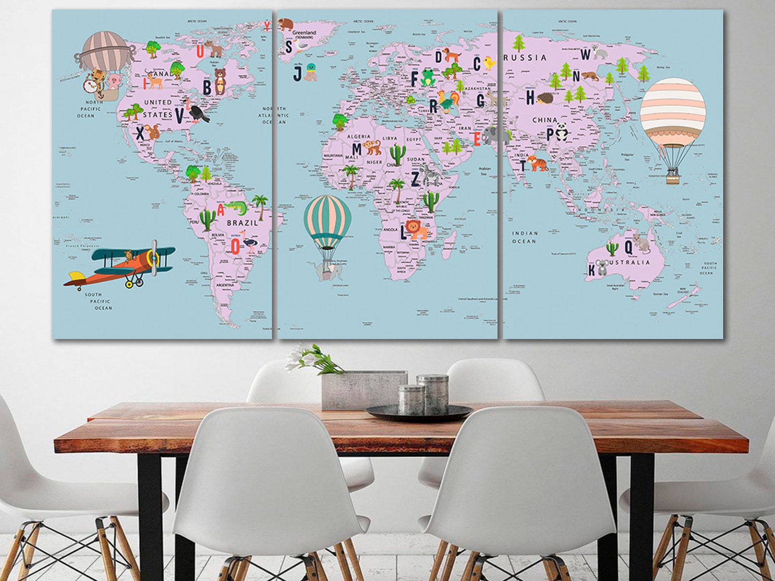 Alphabet World Map Canvas Kids World Map Deco Large World Map - Etsy
