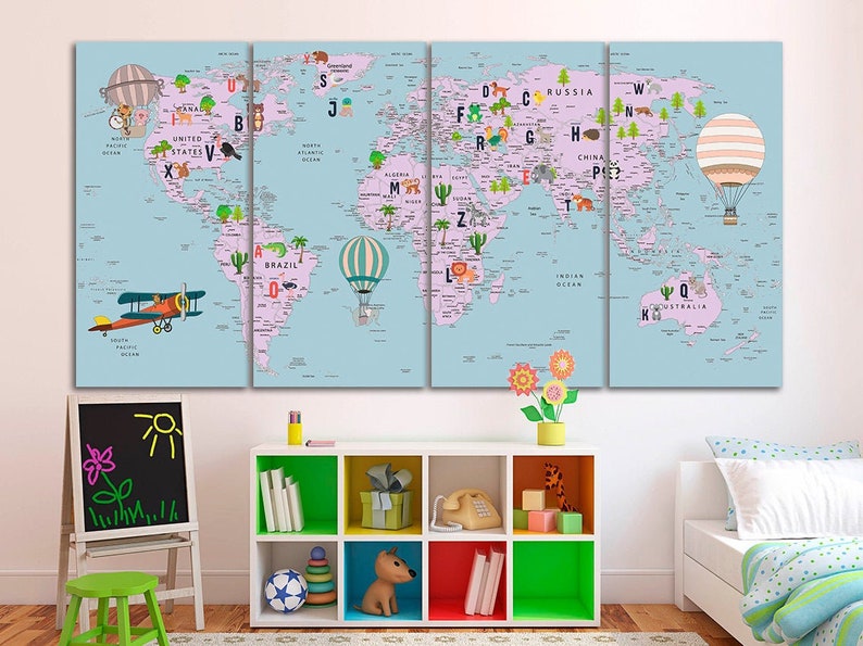 Alphabet World Map Canvas Kids World Map Deco Large World Map - Etsy