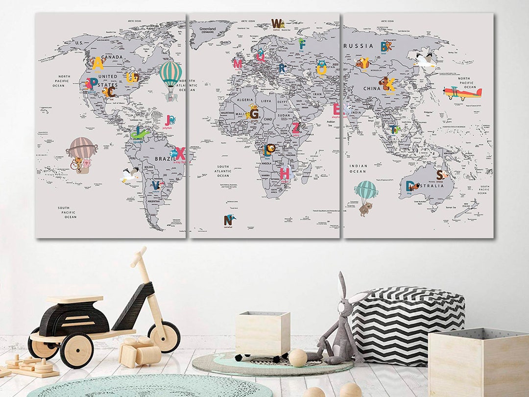 Alphabet World Map Canvas Kids World Map Deco Large World Map Nursery ...