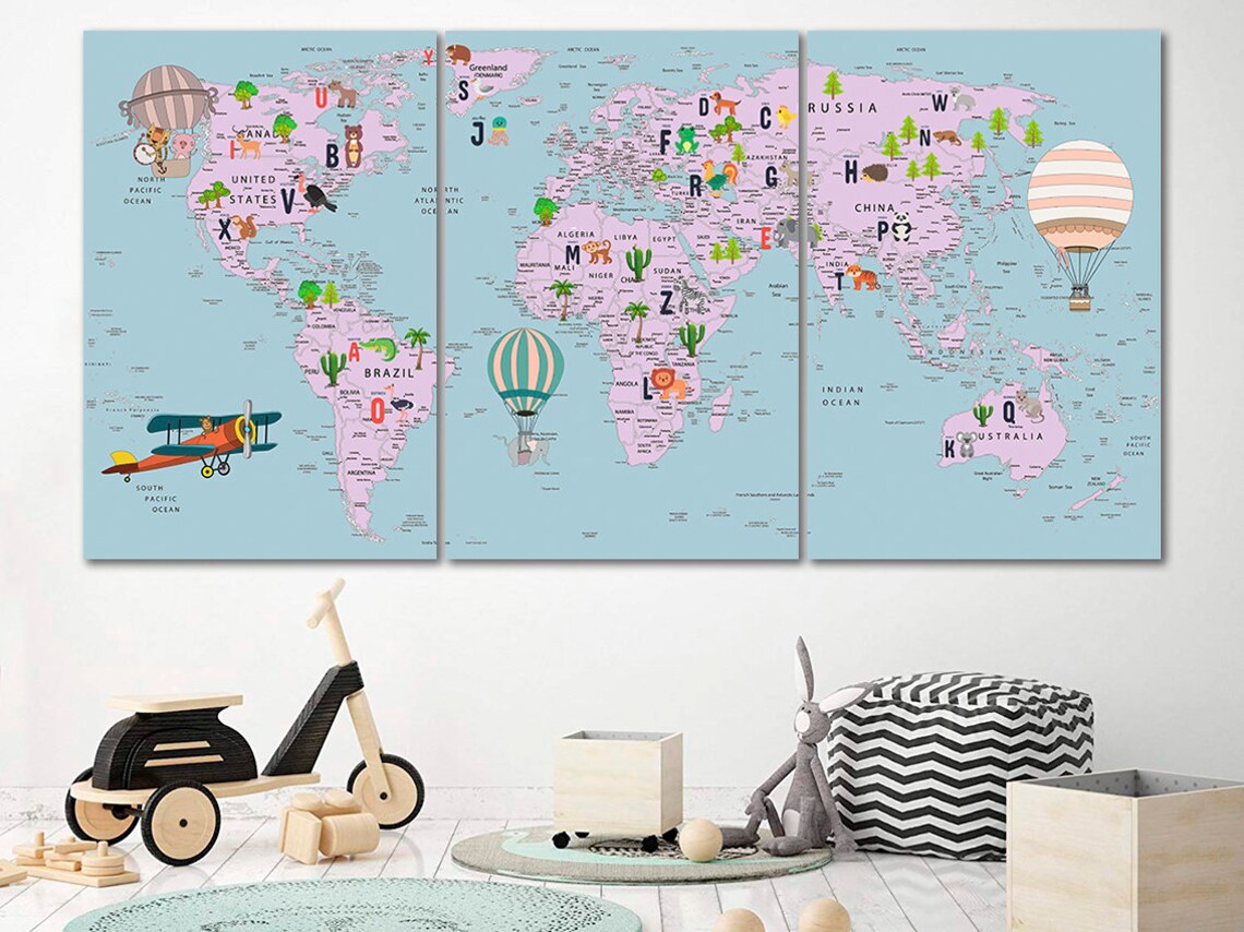 Alphabet World Map Canvas Kids World Map Deco Large World Map - Etsy