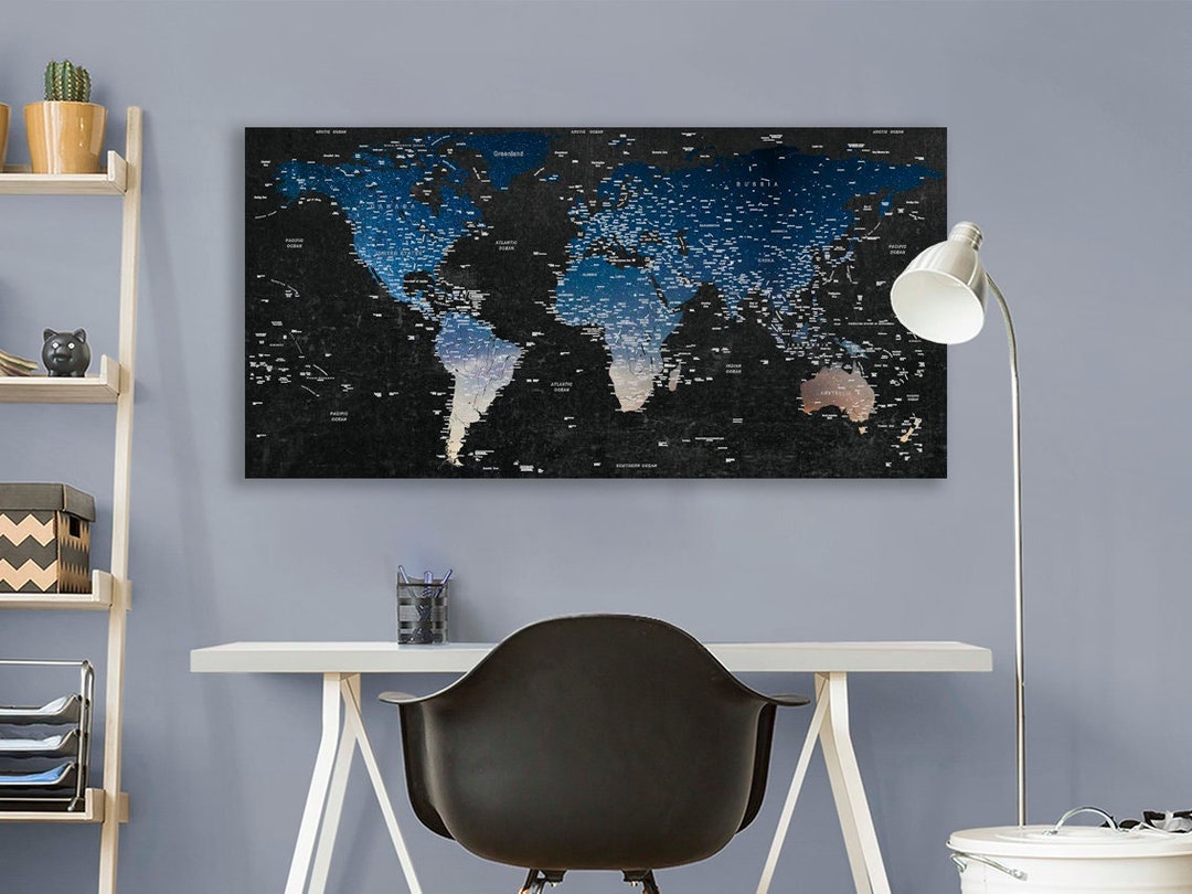 World Map on Canvas Print Push Pin Travel Art Push Pin Canvas Modern ...