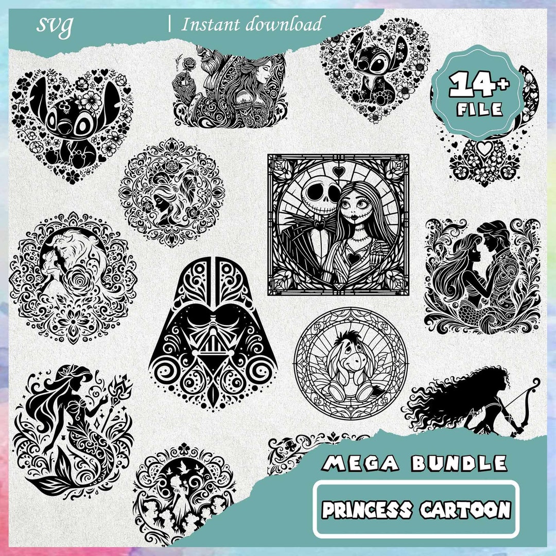 Mega Cartoon Characters Svg Bundle, Princess Cartoon Svg, Intricate ...