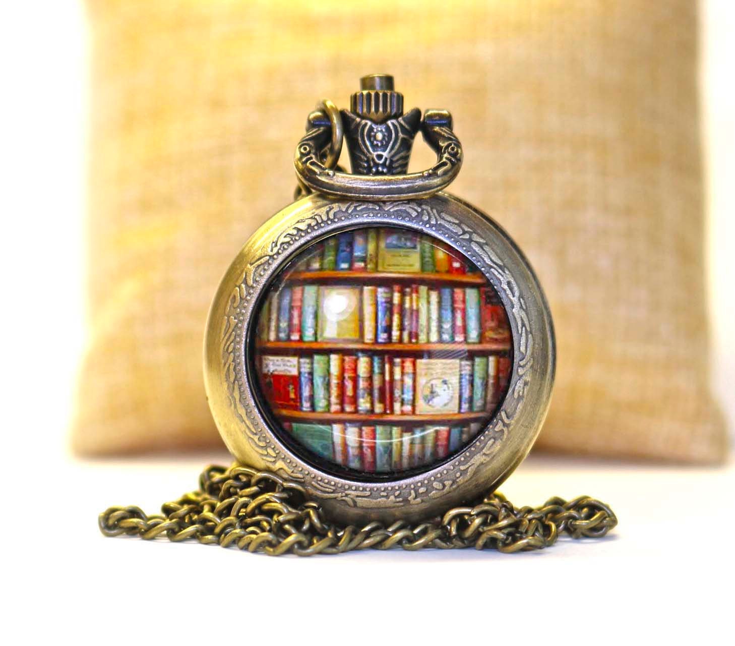 Library Inspired Pocket Watch With Books for a Booklover Bookworm - Etsy