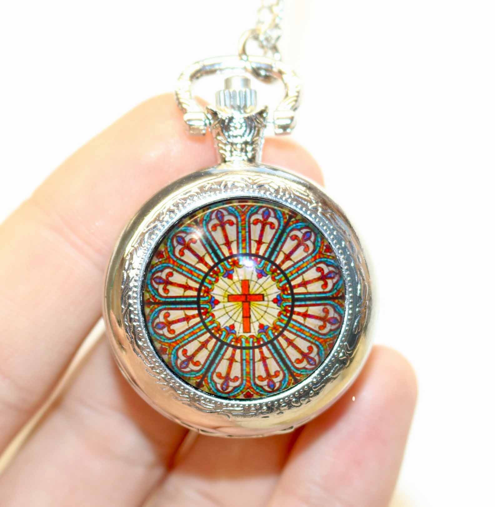 Church Window Pocket Watch – Gothic Cross Pendant Necklace • Christian ...