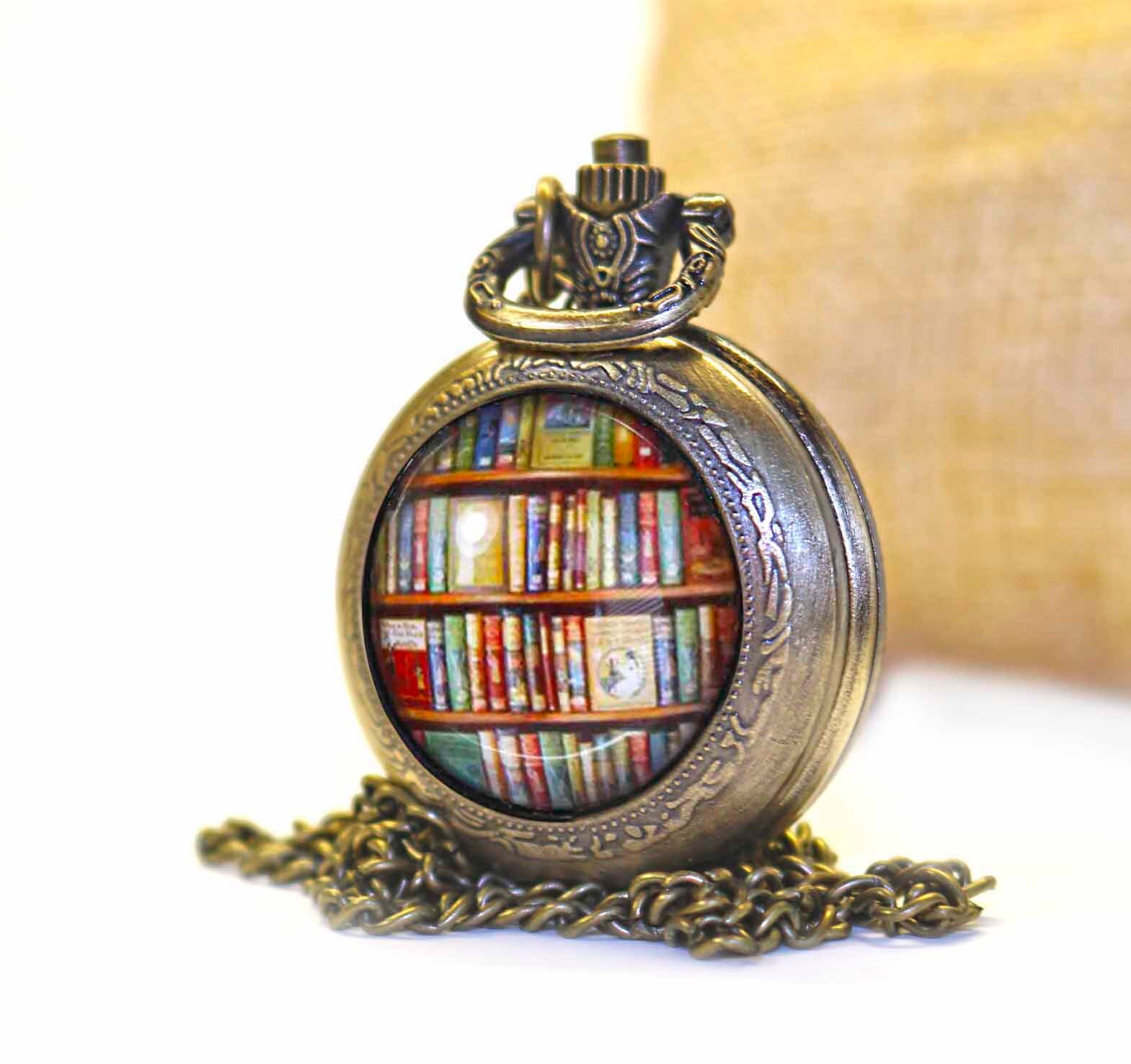 Library Inspired Pocket Watch With Books for a Booklover Bookworm - Etsy