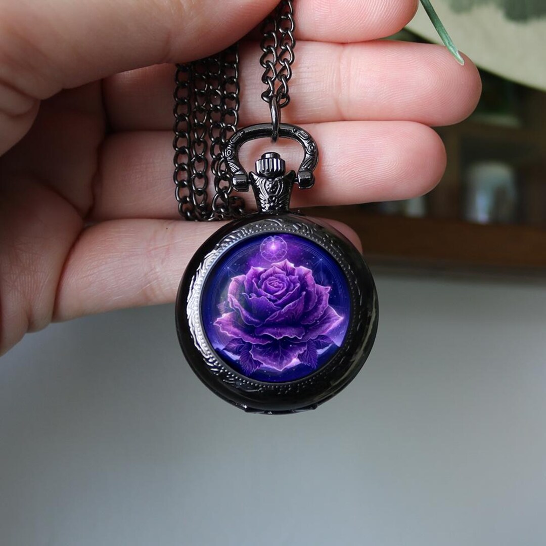 Purple Rose Pocket Watch Necklace – Gothic Jewelry, Dark Floral Pendant ...