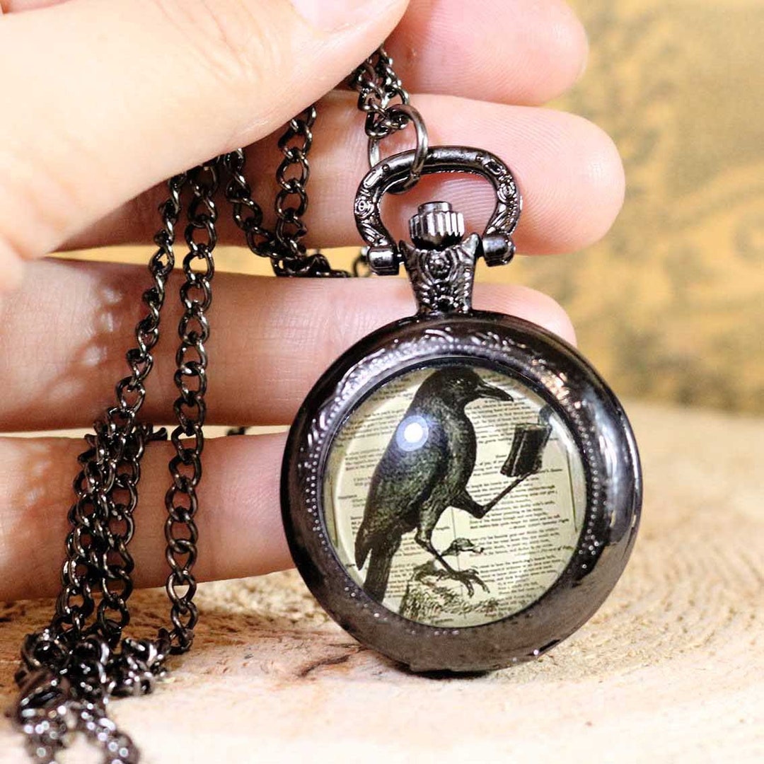 The Black Raven With Book Nevermore Pocket Watch Eye Necklace - Etsy