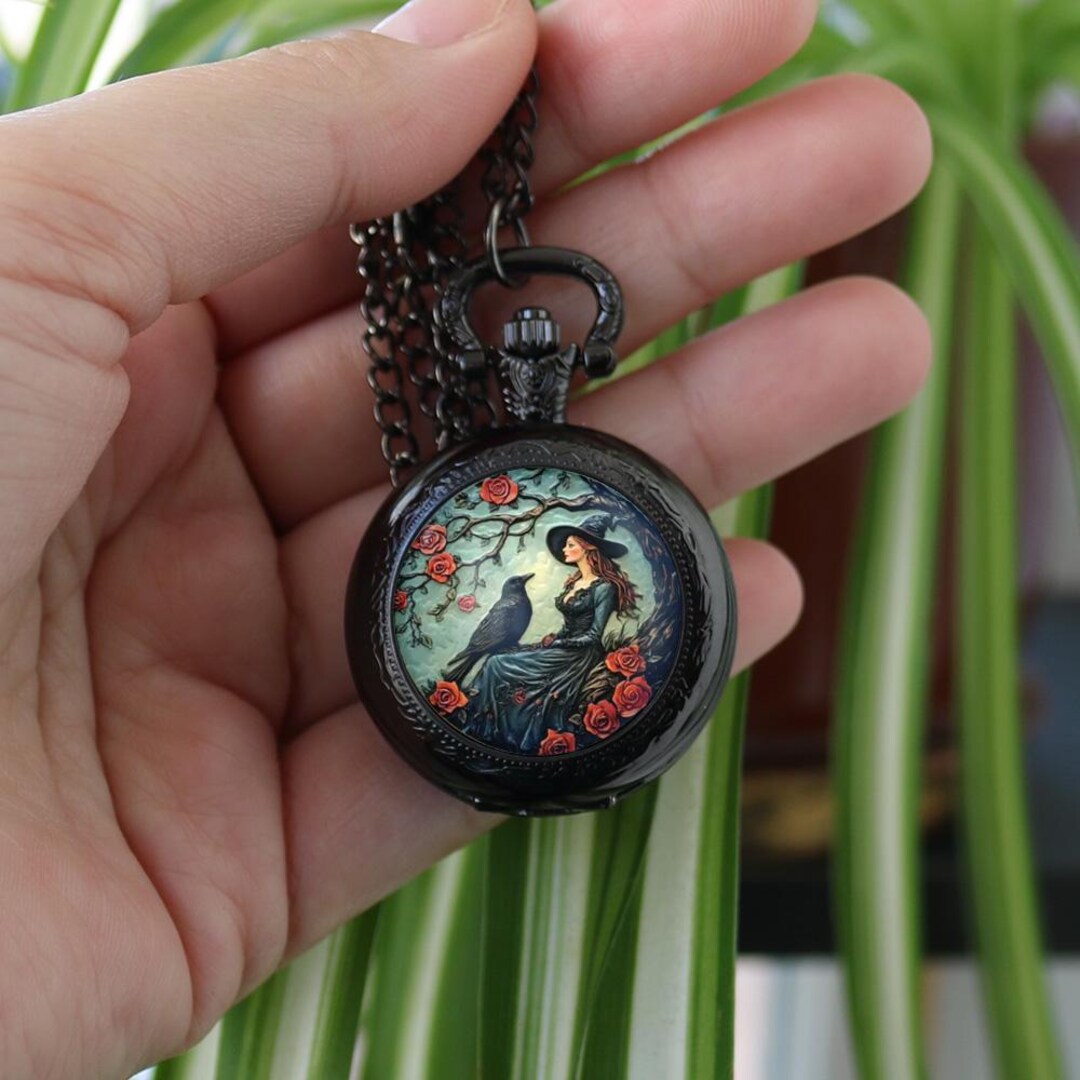 Witch Pocket Watch With Roses and Raven – Gothic Vintage Jewelry ...