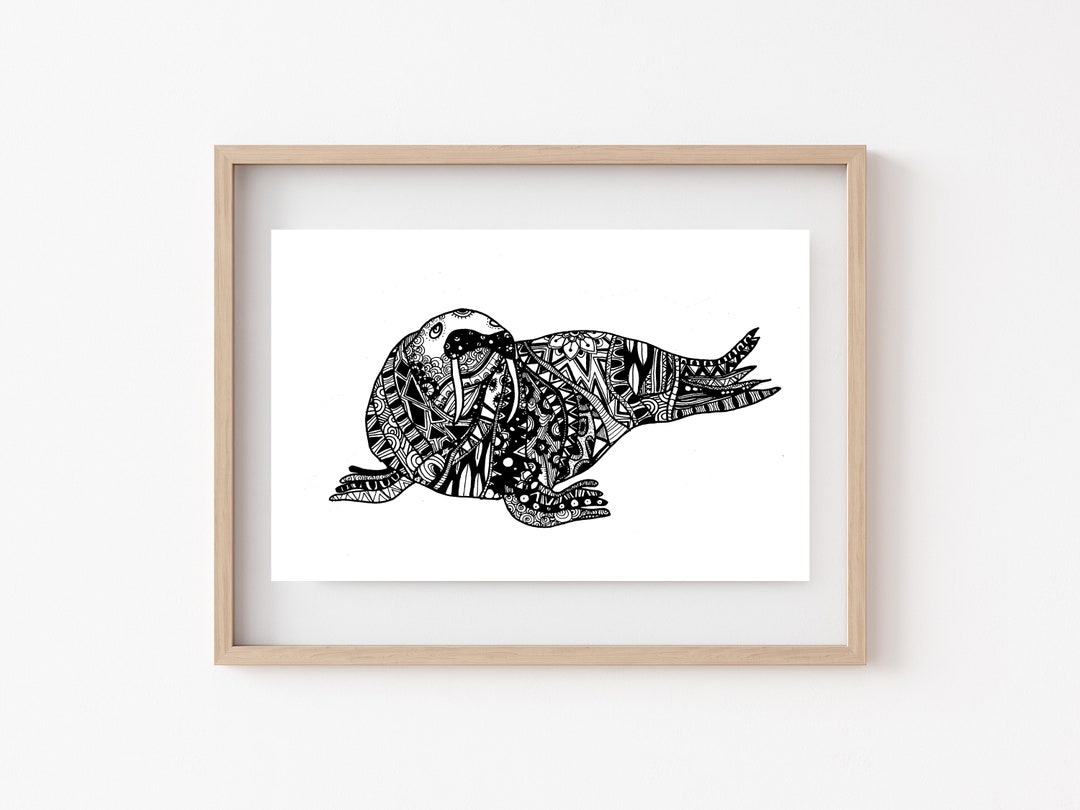 Walrus Geometric Line Art Print | Zentangle | Black and White | Sea ...