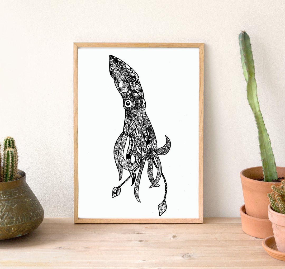Squid Floral Zentangle Print | 15% of Proceeds Go to Sealegacy | Sea ...