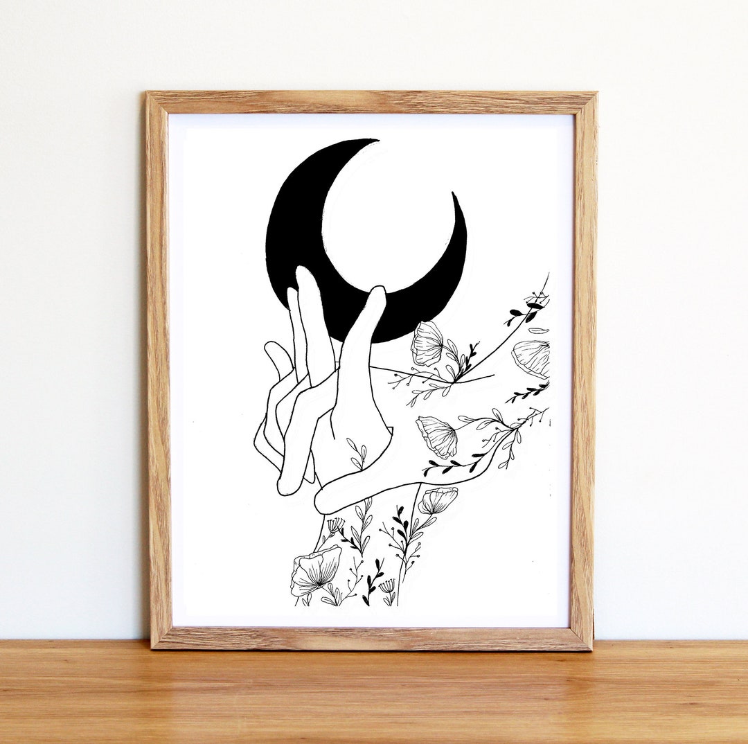 Hands and Moon Floral Print | Line Drawing | Lovers | Love | Holding ...