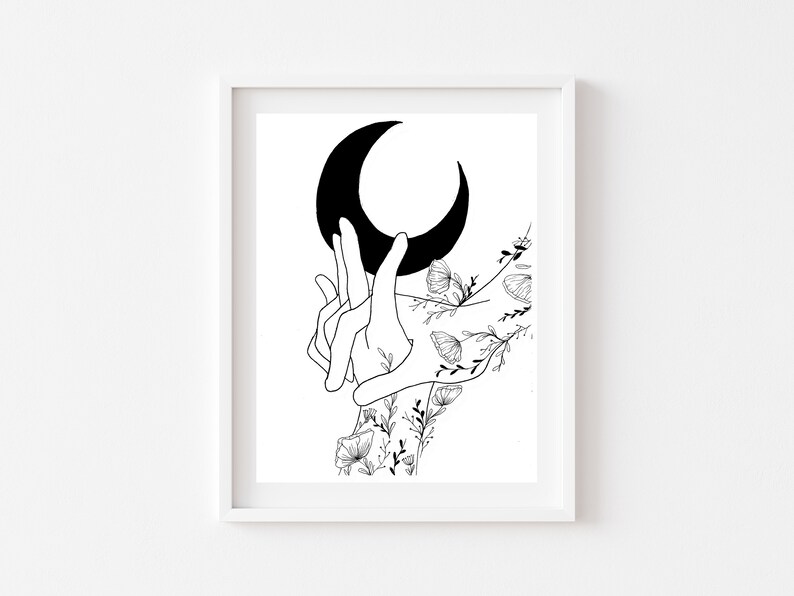Hands and Moon Floral Print | Line Drawing | Lovers | Love | Holding ...