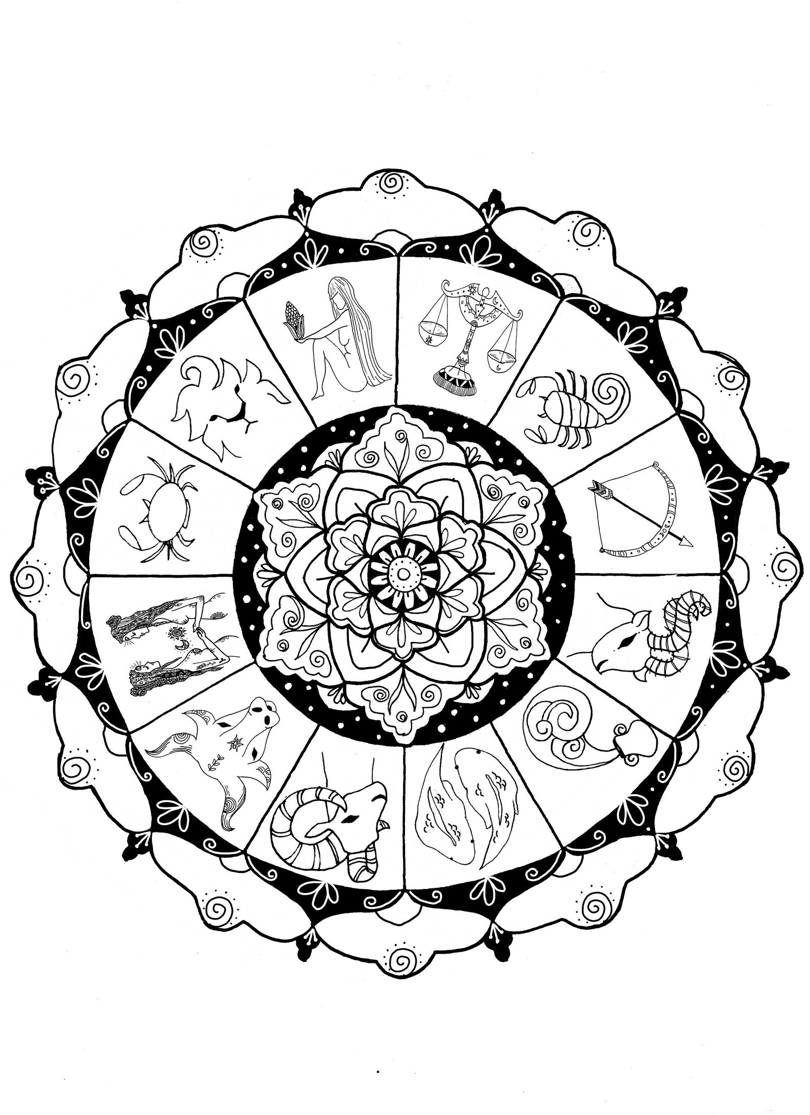 Zodiac Wheel Mandala | Astrology Art | Black and White | Print of ...