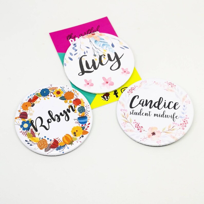 Custom Name Button Badge. Floral Name Badge. Name Pin Badge. - Etsy UK