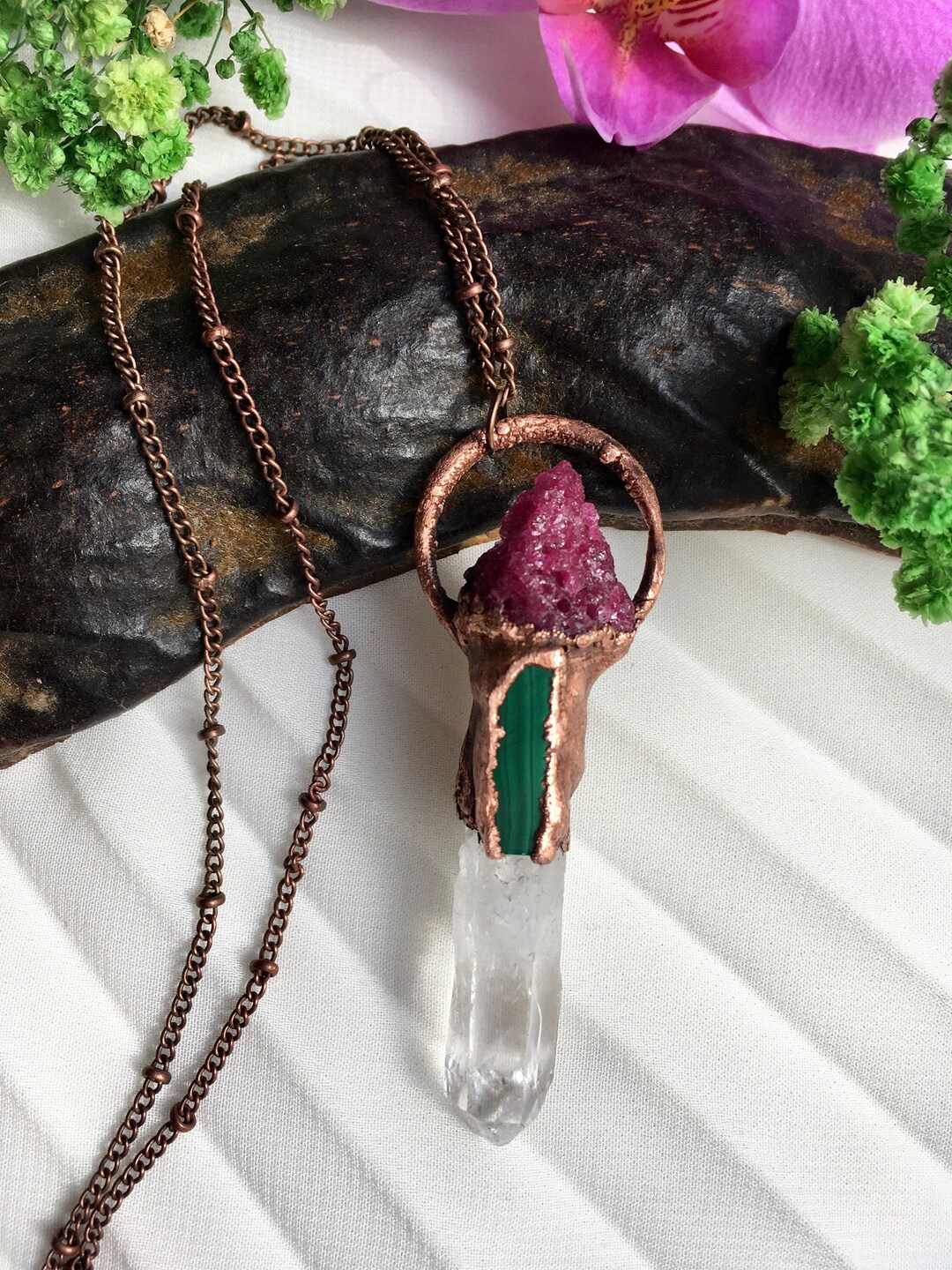 Crystal Quartz Malachite and Ruby Necklace, Copper Pendant, Crystal ...