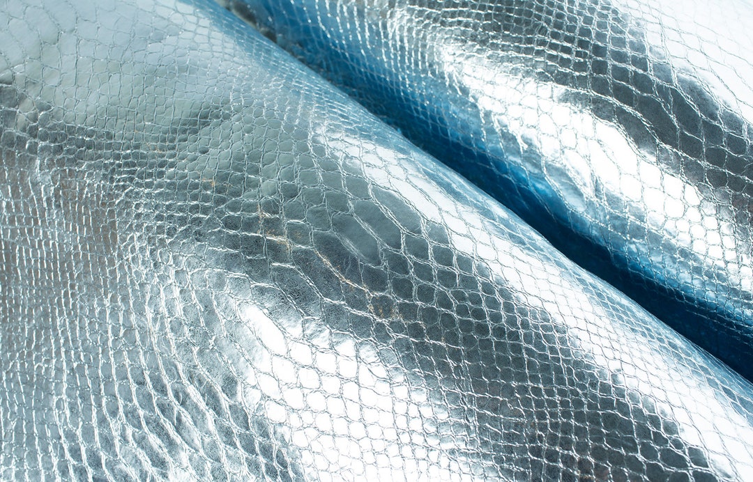 BLUE Light Silver Python Embossed Print ITALIAN Leather Calf Cow Hide ...